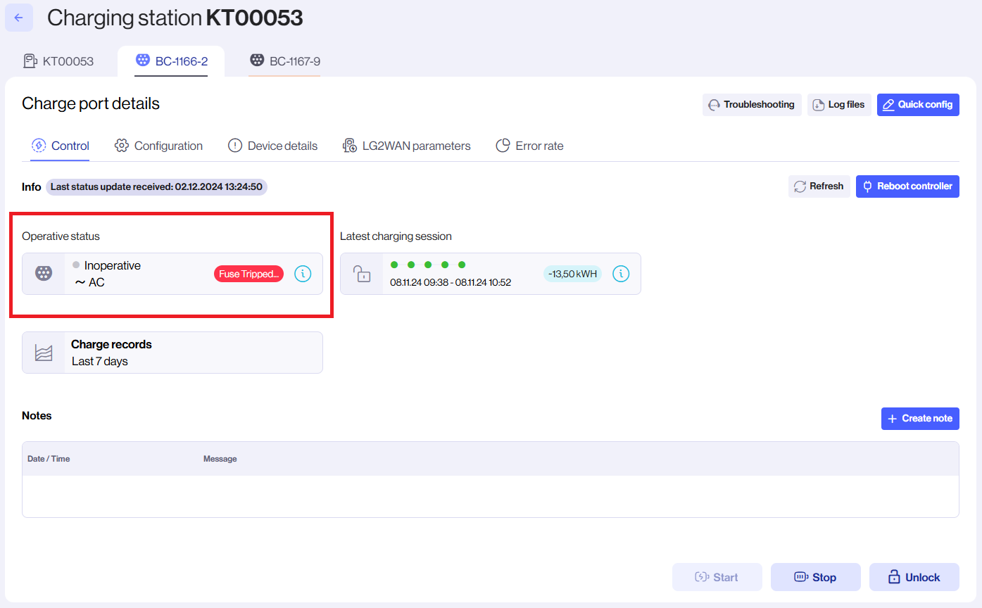 Chargeport-Status: "Inoperative - Fuse Tripped" on LG2WAN innogy eStations